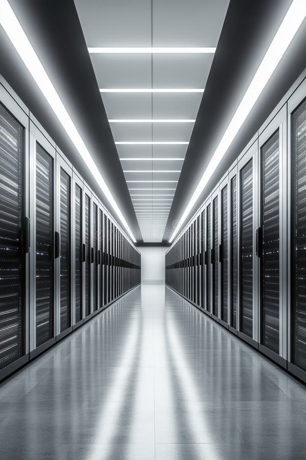 Sleek Dark Gray Server Racks in Bright Data Center Corridor Stock ...