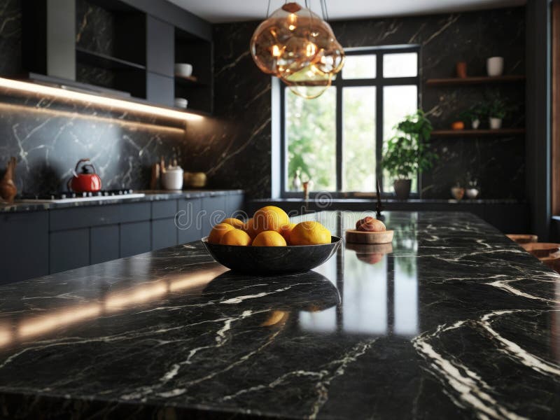 Sleek Dark Marble Table Stands Against a Blurred Bokeh Kitchen Interior. Generated with AI Stock ...