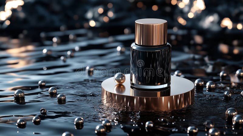 A Sleek, Dark Perfume Bottle Elegantly Placed on a Reflective Surface ...