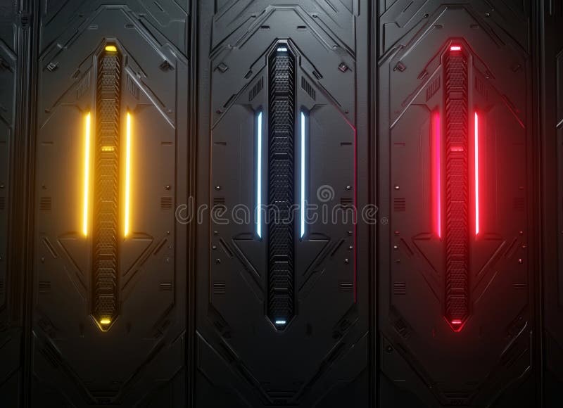 A Sleek Dark Wall Features Futuristic Illuminated Panels Displaying ...