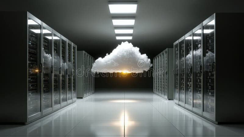 Futuristic Data Center with Floating Cloud and Sunlight Reflections on ...