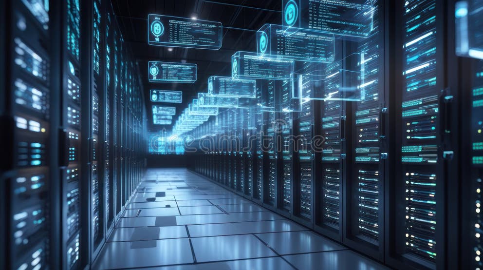 Futuristic Data Center with Glowing Servers and Virtual Displays Stock ...