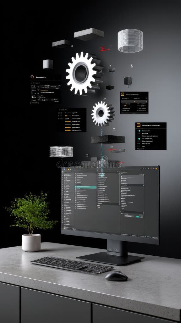 A Sleek Desk Features a Modern Computer Displaying Dynamic Data ...