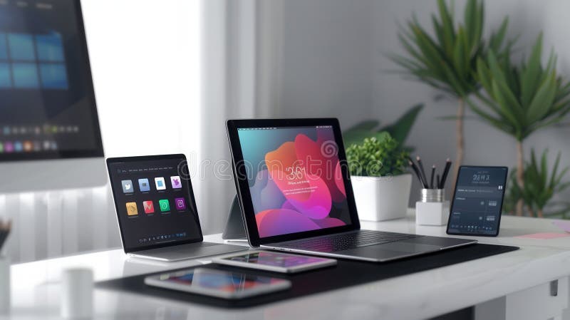 A Sleek Desk with a Laptop, Tablet, and Desktop Computer, All ...