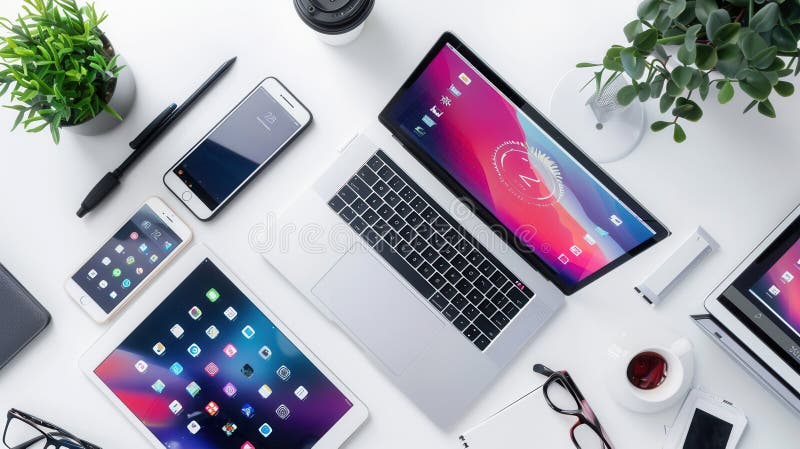 A Sleek Desk with a Laptop, Tablet, and Smartphone Showcasing Vibrant ...