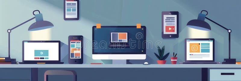 A Sleek Desk with Modern Laptops and Tablets, Each Displaying Colorful ...
