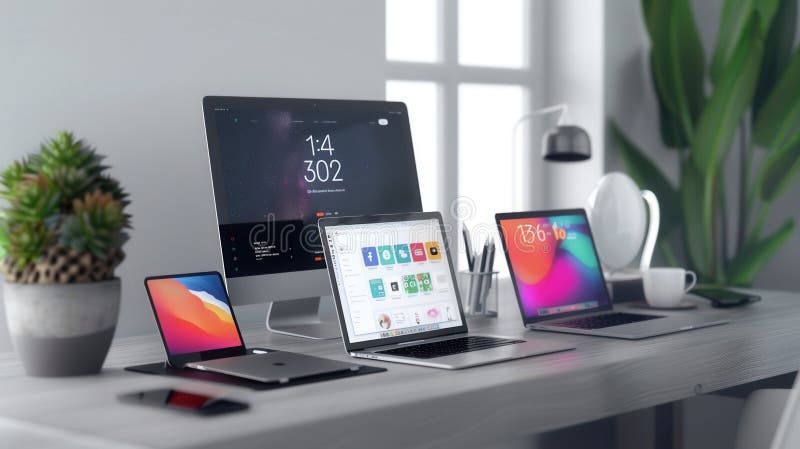 A Sleek Desk with Multiple Modern Laptops and Tablets Showcasing ...