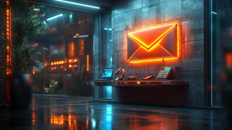 Sleek Desk Setup with Neon Envelope Sign and Digital Tools Stock ...