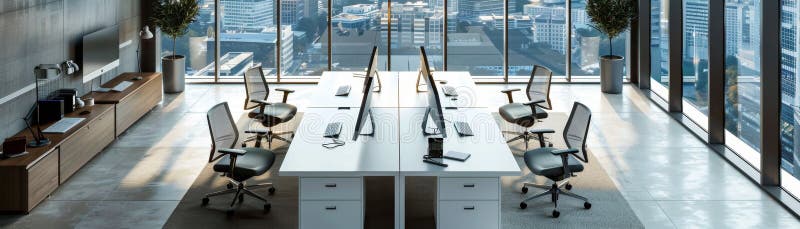 Sleek Desks, Computers, Ergonomic Chairs, City View in a Clean and ...