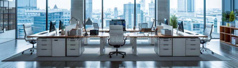 Sleek Desks, Computers, Ergonomic Chairs, City View, Clean Workspace ...
