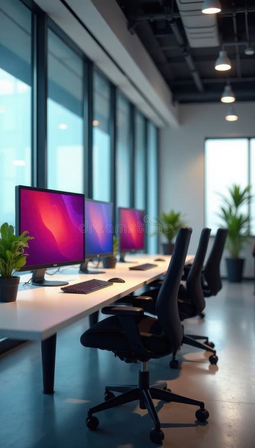 Sleek Desks, Modern Computers in Bright Open Office, Desk, Clean ...