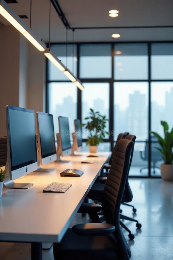 Sleek Desks, Modern Computers Fill Bright Open Plan Office , Efficient ...