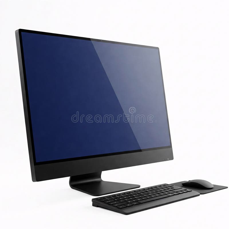 Desktop Computer with Blue Screen Isolated on White Background. 3d ...