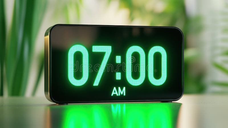 Sleek Digital Alarm Clock Displaying Bright Neon Green Digits at 07:00 ...