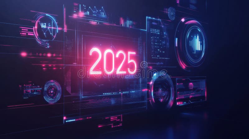 Futuristic Digital Calendar Showcasing the Year 2025 with Vibrant Neon ...