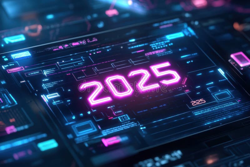 Futuristic Digital Calendar Displaying the Year 2025 with Vibrant ...