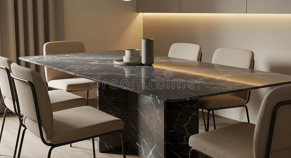 Sleek Dining Room Featuring a Rectangular Black Marble Table with ...