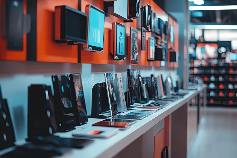 A Sleek Display of Tech Gadgets in a Brightly Lit, Minimalist Stock ...