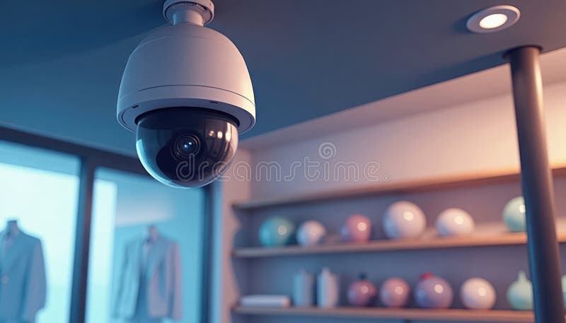 Sleek Dome Security Camera Mounted on Ceiling. Retail Environment ...