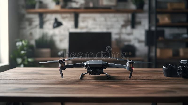 High-tech Drone on a Wooden Table in a Modern Workspace during Daylight ...