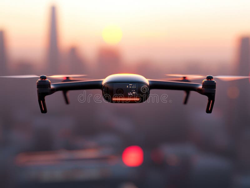 Sleek Drone Soaring through Sunset Sky, Capturing Stunning Views Stock ...