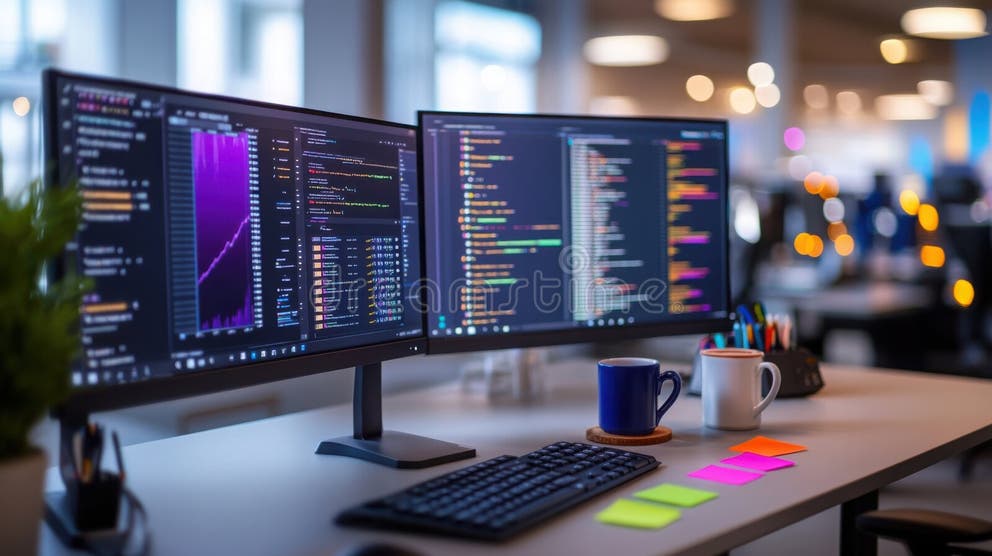 Sleek Dual-screen Tech Desk Setup with Open Dashboard and Terminal Feed ...