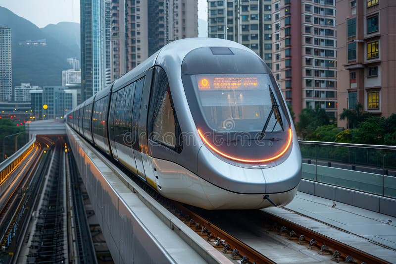 A Sleek Electric Train Gliding Along Elevated Tracks Powered. Stock ...