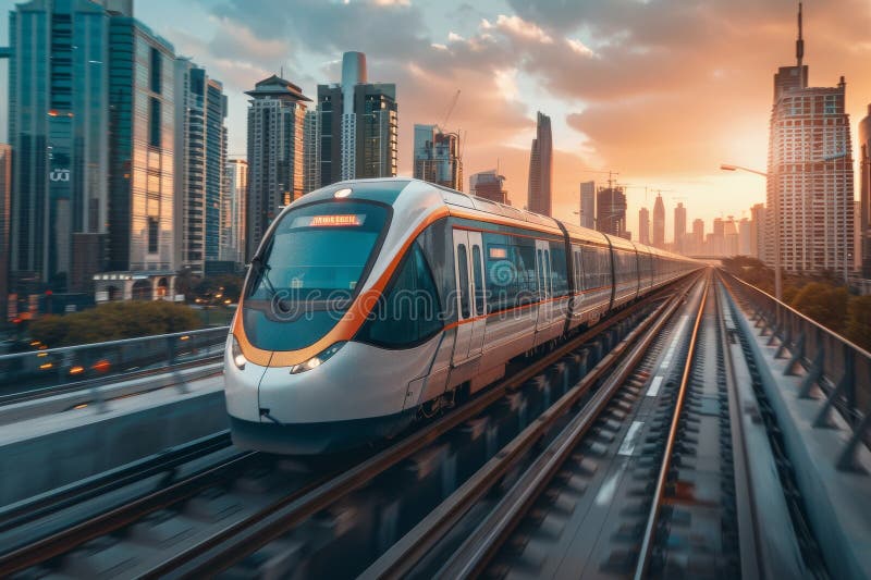 A Sleek Electric Train Gliding Along Elevated Tracks Powered. Stock ...