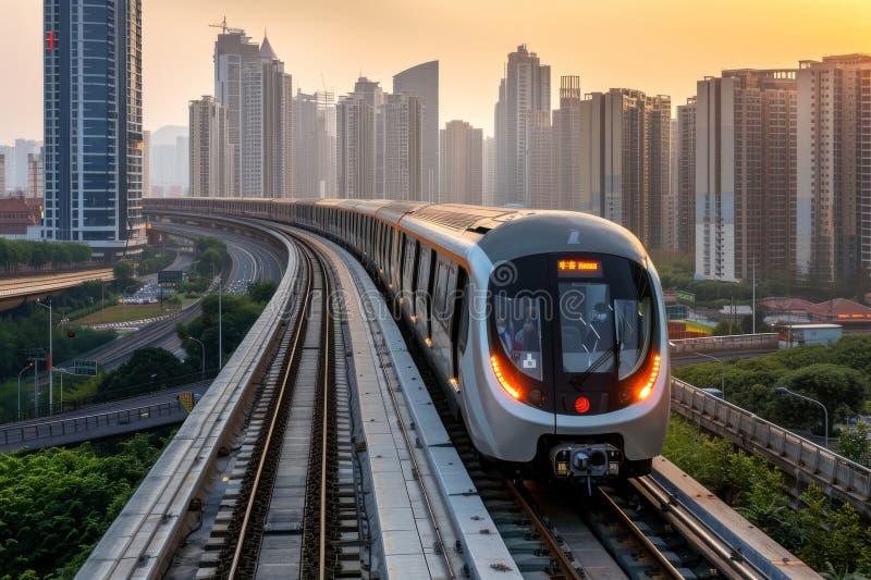 A Sleek Electric Train Gliding Along Elevated Tracks Powered. Stock ...