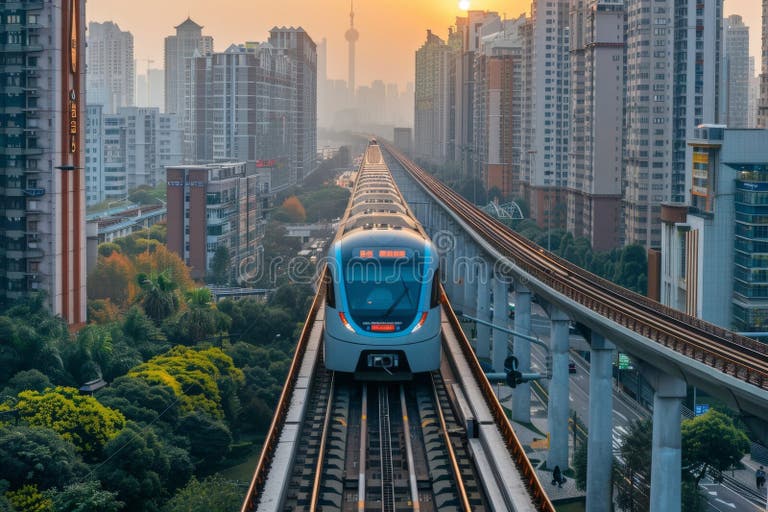A Sleek Electric Train Gliding Along Elevated Tracks Powered. Stock ...