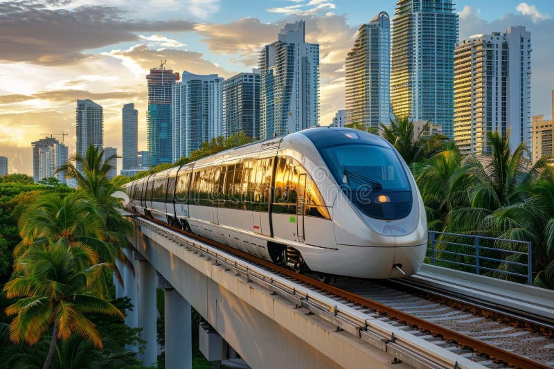 A Sleek Electric Train Gliding Along Elevated Tracks Powered. Stock ...
