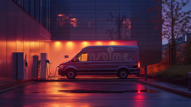 A Sleek Electric Van Charging at a Modern Station. Soft Lighting ...