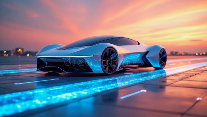 Fast Electronic Car Showcasing Futuristic Design during Sunset Stock ...