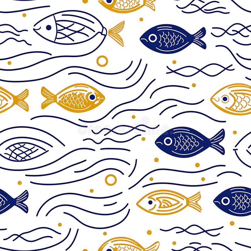 Sleek and Elegant Line Art Pattern Featuring Fish and Waves in Blue and ...