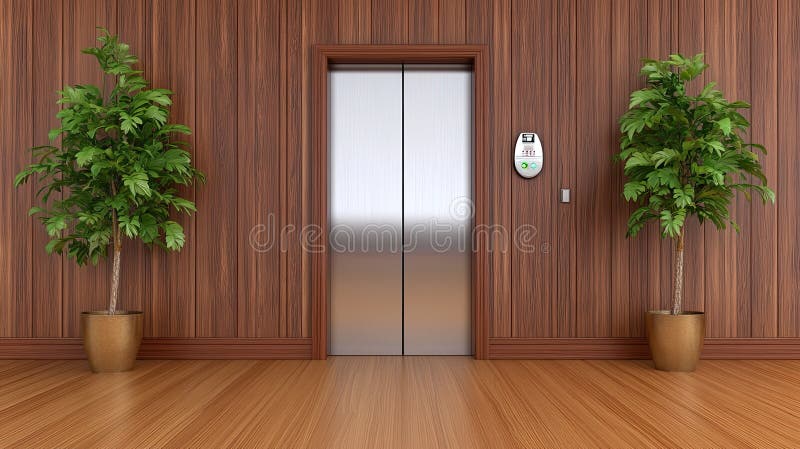 A Sleek Elevator Lobby Features Three Stainless Steel Elevators Flanked ...