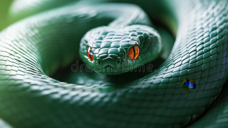 A Sleek, Emerald Green Snake Coiled Gracefully, Its Bright Orange Eyes ...