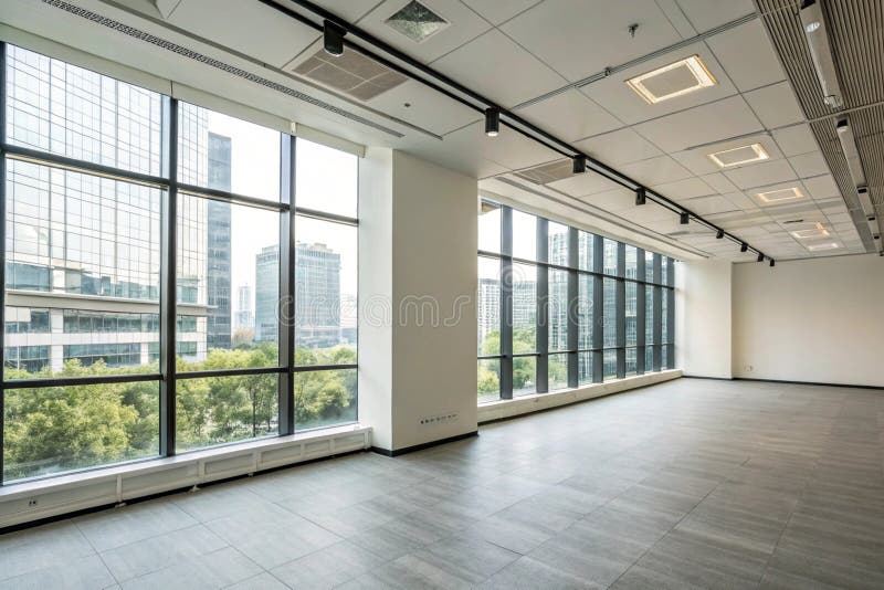 Empty Office Space with Blank Wall and Modern Design Stock Illustration ...
