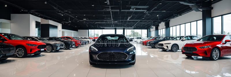 Sleek, Empty Showroom Showcases Array of Luxury Cars Under Bright ...