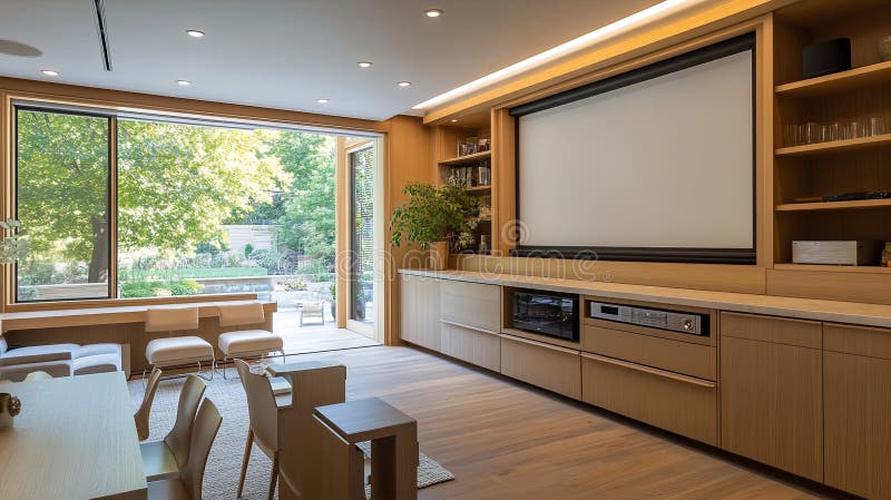 A Sleek Entertainment Space with a Retractable Projector Screen and ...