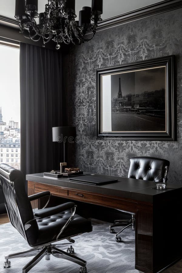 Sleek Executive Office Design with Dark-Toned Decor Stock Photo - Image ...