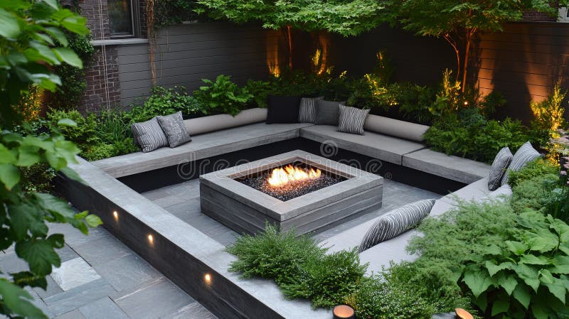 Sleek Firepit with Comfortable Seating and Greenery.. Stock Image - Image of seating, flower ...