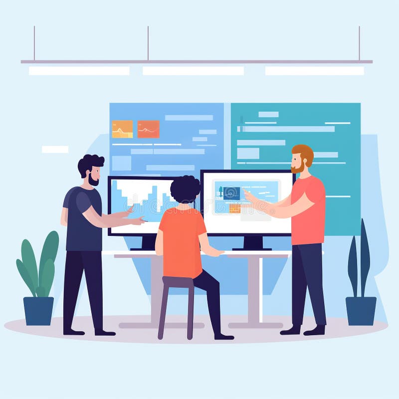 Software Engineers Or Developers Coding And Testing A Computer Program Flat Vector Stock Vector