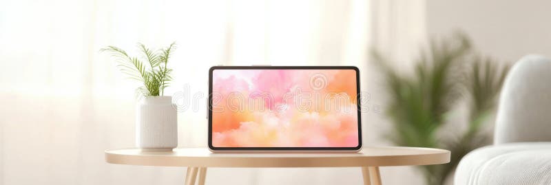 Sleek Foldable Tablet Showcasing Vibrant Artwork on a Modern Coffee ...