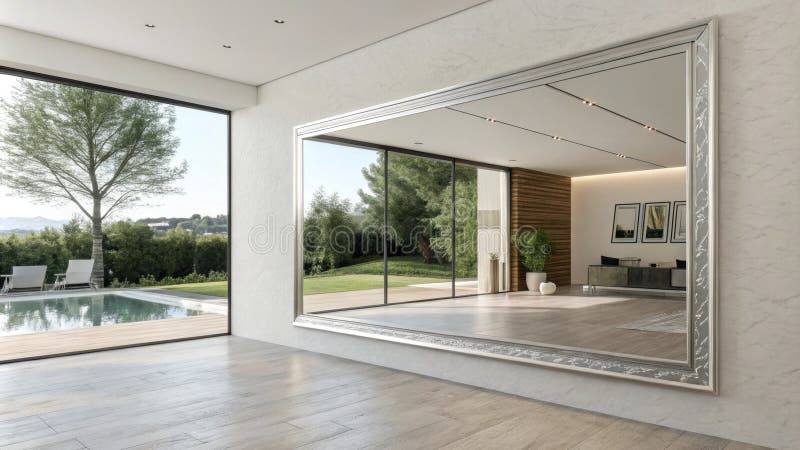 A Sleek Frameless Mirror Reflects the Open Space Creating an Illusion ...