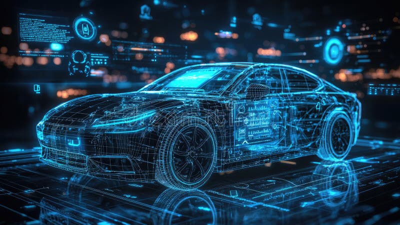 Futuristic Car Wireframe Design with HUD Elements and Data ...