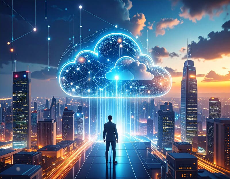 Human Looking a Big AI-driven Cloud Computing in the Sky at Futuristic ...