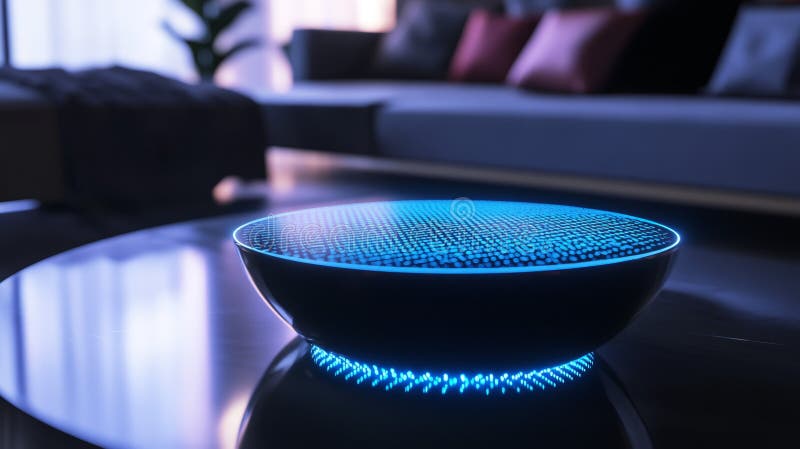 Sleek Futuristic Coffee Table with Smart Assistant Device Projecting ...