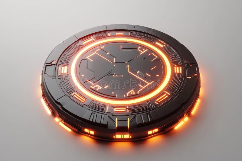 Futuristic Round Device with Glowing Orange Circuit Patterns Stock ...