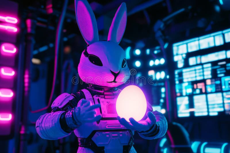 A Sleek, Futuristic Easter Bunny Holding a Glowing Egg, Surrounded by ...