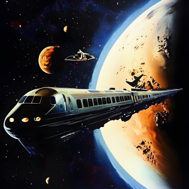 A Sleek, Futuristic Flying Train Soars Gracefully through the Vastness ...